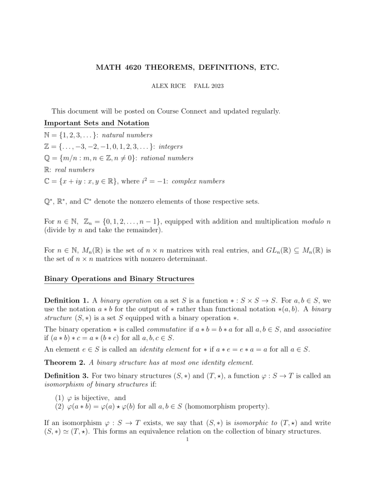 Abstract Algebra Theorems and Definitions
