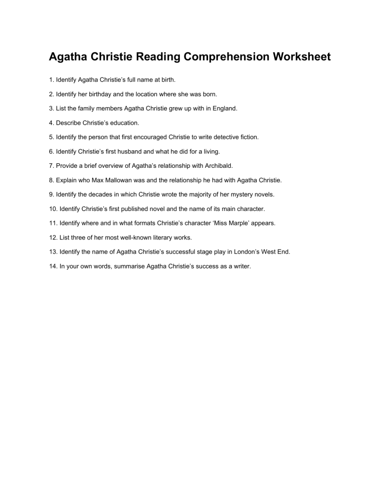 Agatha Christie Reading Comprehension Worksheet