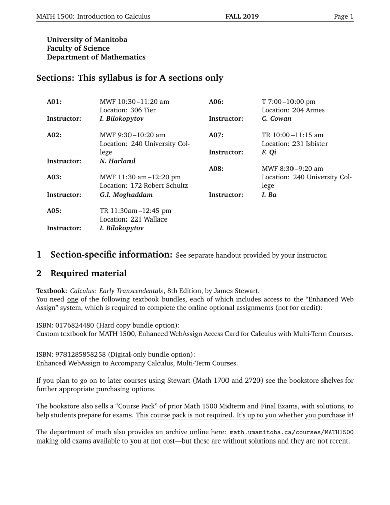 MATH 1500 Calculus Syllabus - University of Manitoba
