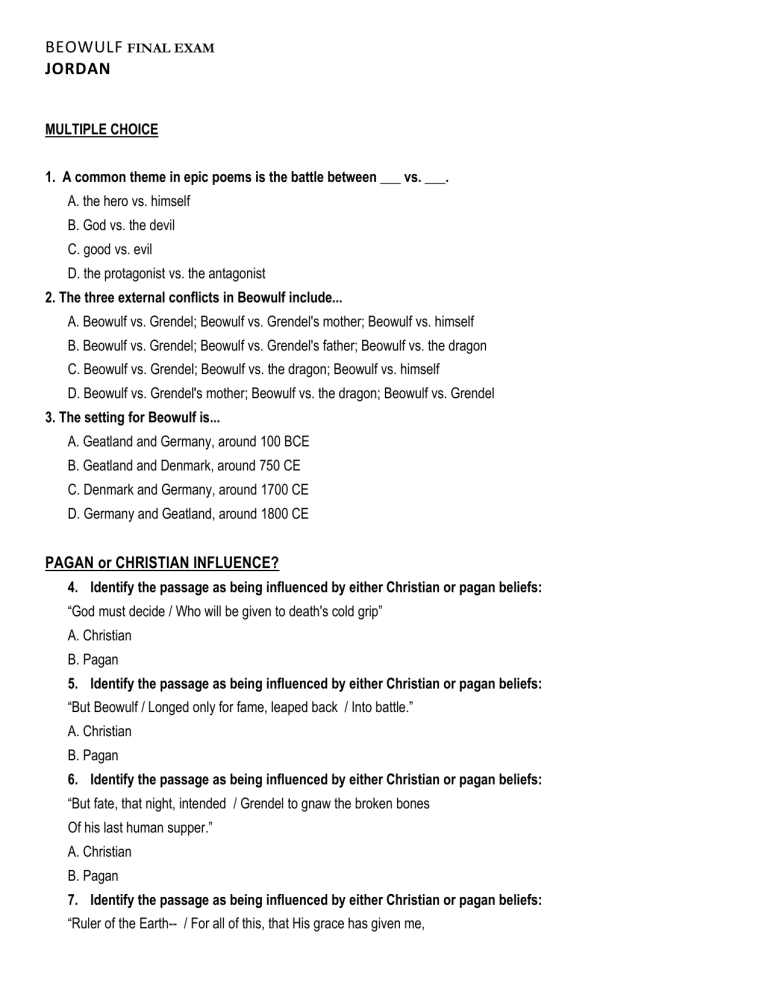 Beowulf Final Exam: High School English