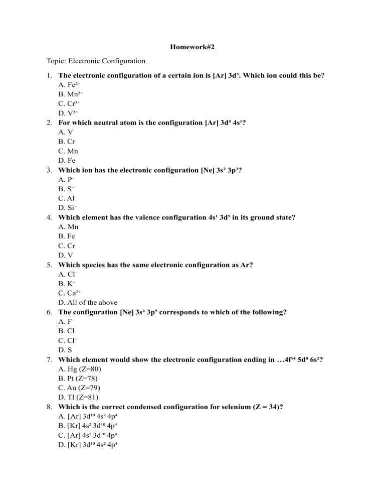 Electronic Configuration Homework: Chemistry Problems