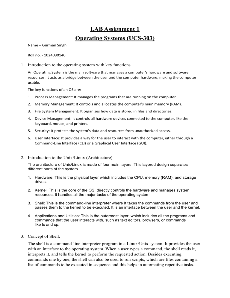 Operating Systems Lab Assignment: Linux Commands & Concepts