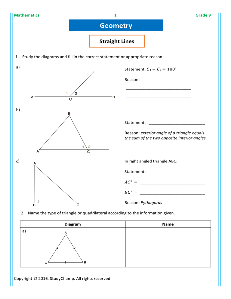 Grade 9 Geometry: Straight Lines, Triangles, Quadrilaterals