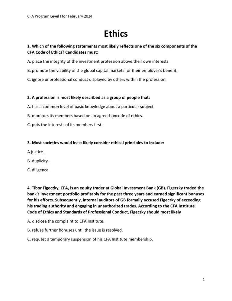 CFA Level I Ethics Practice Questions - February 2024 Exam Prep