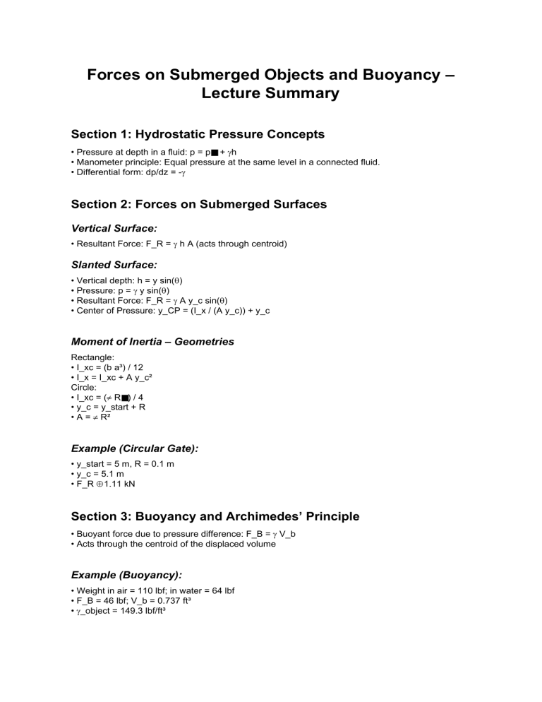 Forces on Submerged Objects & Buoyancy Lecture Summary