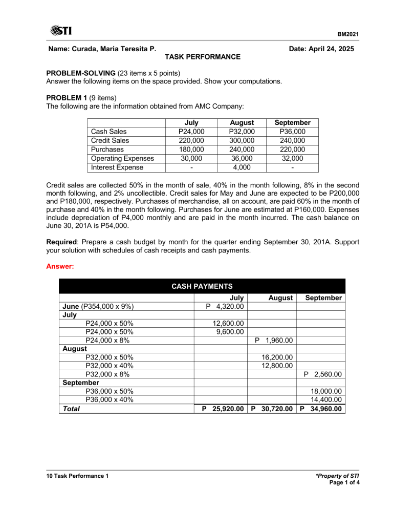 Accounting Problem-Solving Task Performance: Budgeting