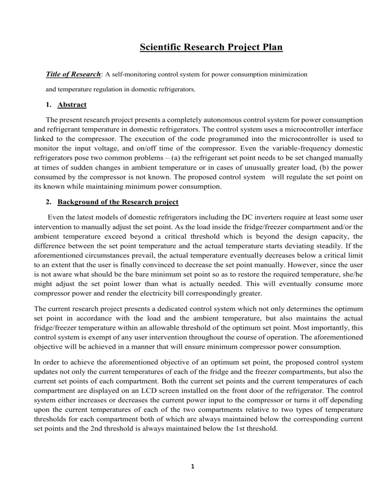 Refrigerator Control System: Research Project Plan