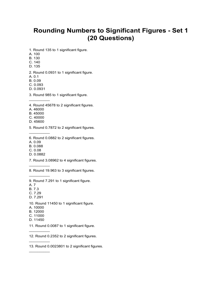 Rounding Significant Figures Worksheet - Set 1