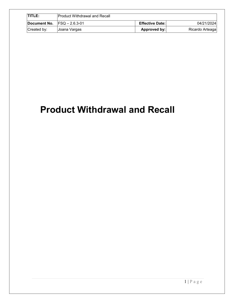 Product Withdrawal & Recall Procedure - ARO Foods, LLC