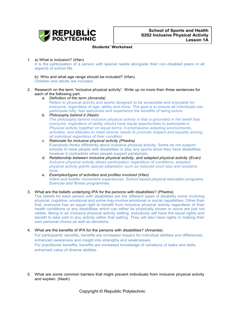 Inclusive Physical Activity Worksheet: Definitions & Benefits