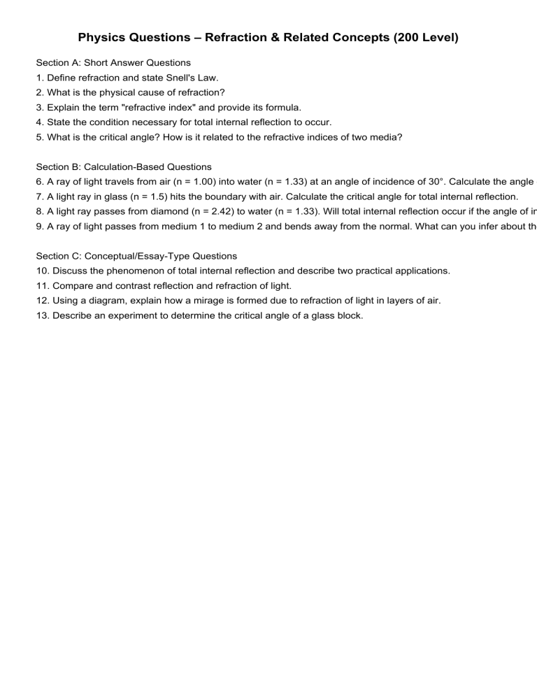 Refraction Physics Questions (200 Level)