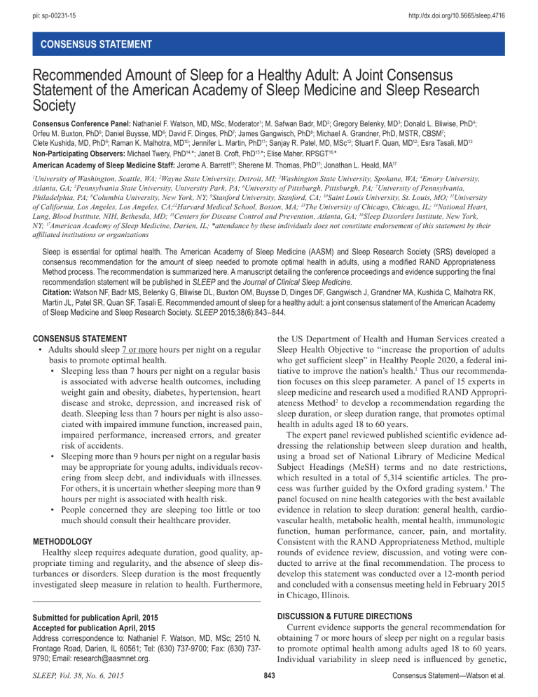 Sleep Recommendations for Adults: AASM & SRS Consensus