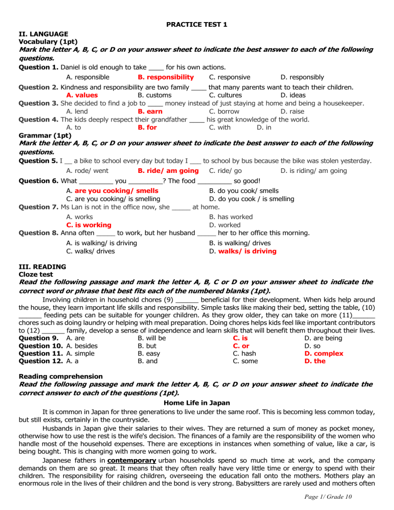 English Practice Test: Vocabulary, Grammar, Reading