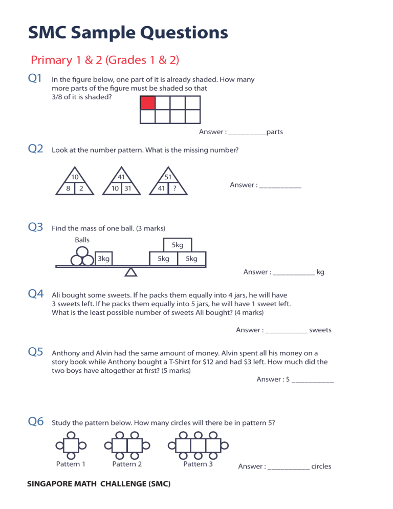 SMC Sample Math Questions: Grades 1-11