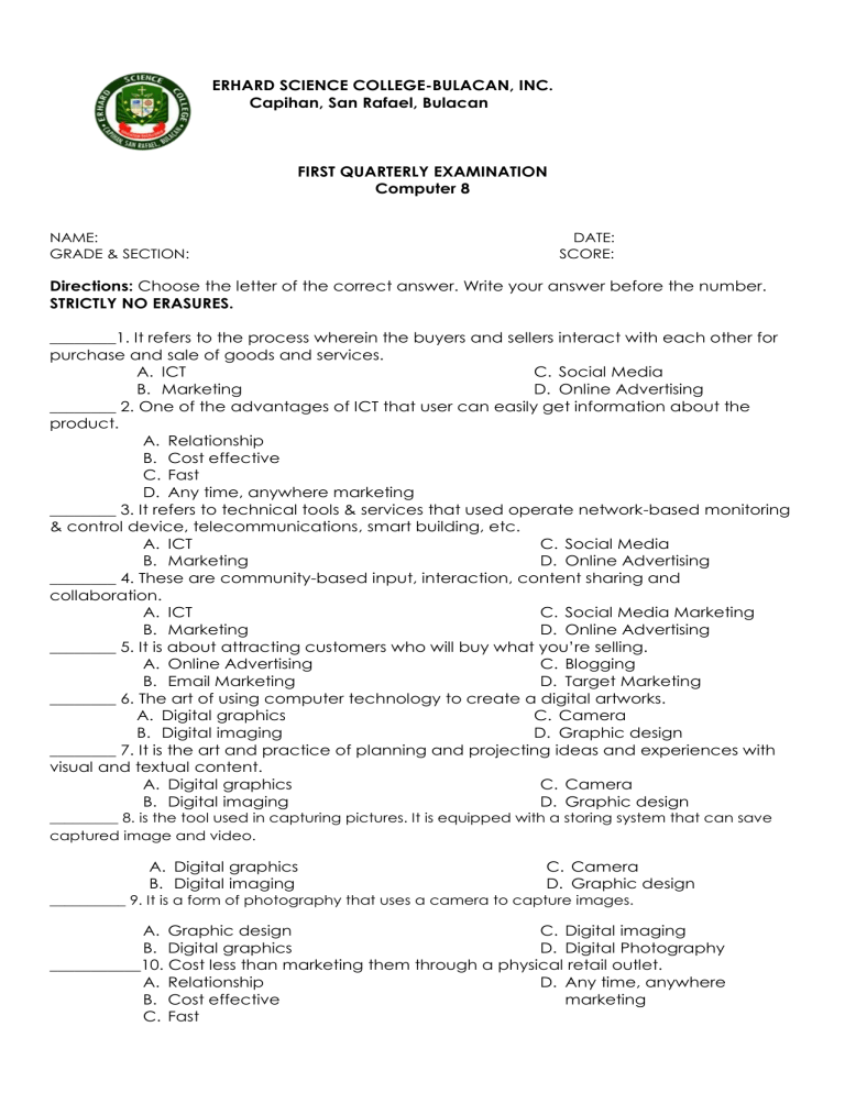 Computer 8 Exam: ICT, Graphics, Photography