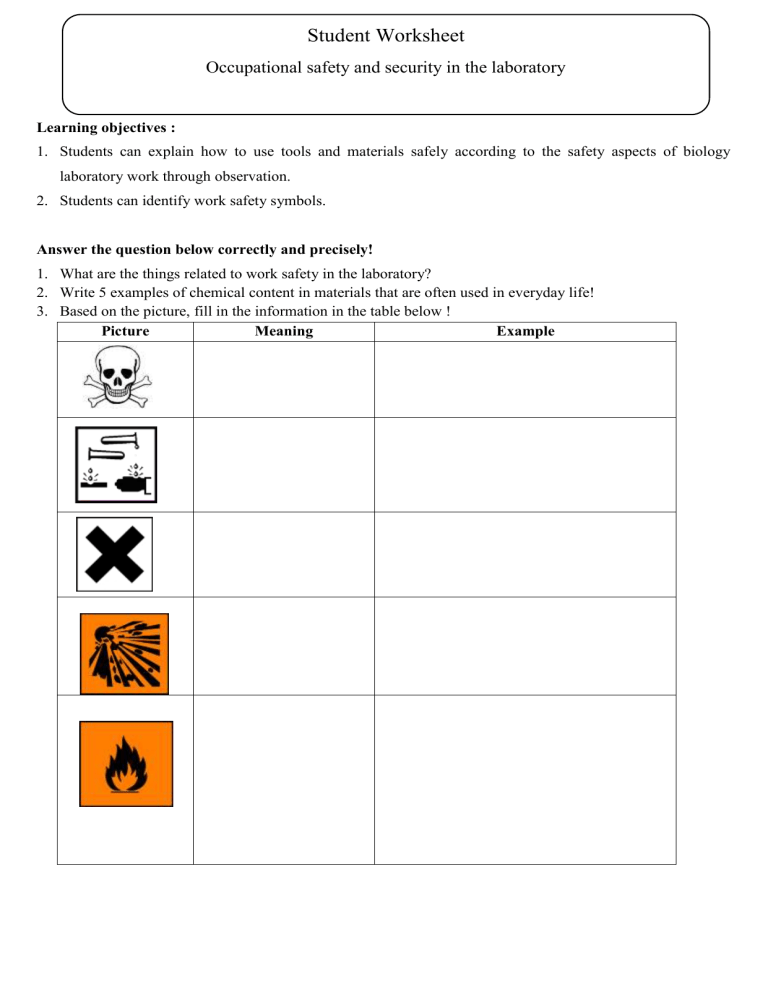 Lab Safety Worksheet: Symbols & Chemical Examples