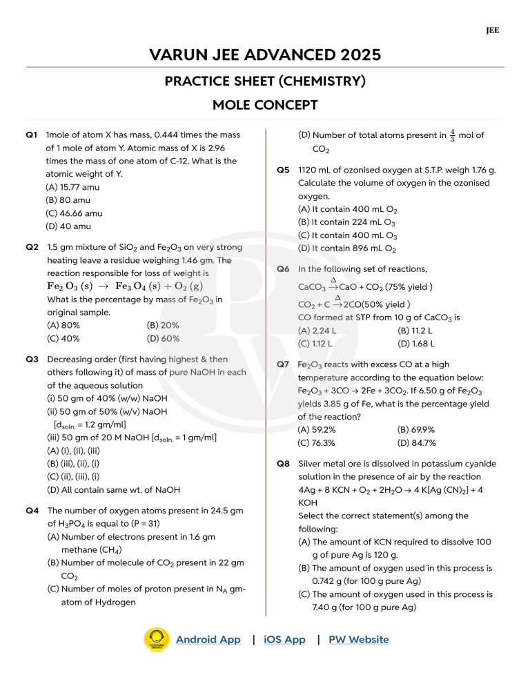 JEE Chemistry: Mole Concept Practice Sheet