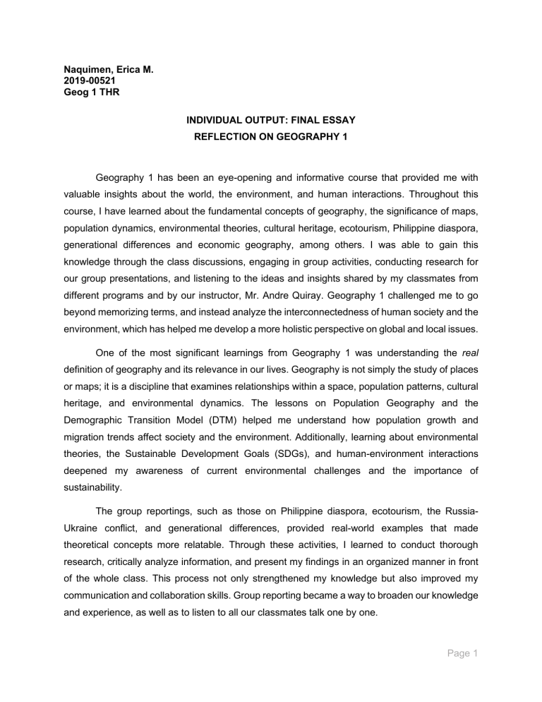 Geography 1 Reflection Essay: Key Learnings & Applications
