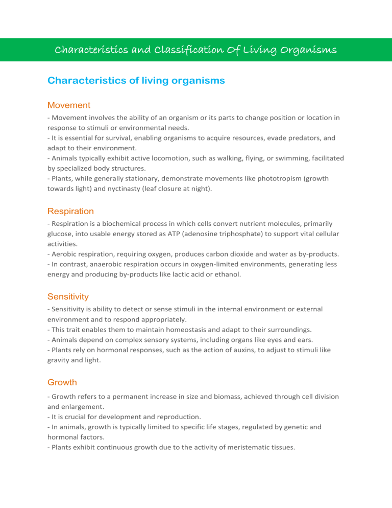 Characteristics & Classification of Living Organisms