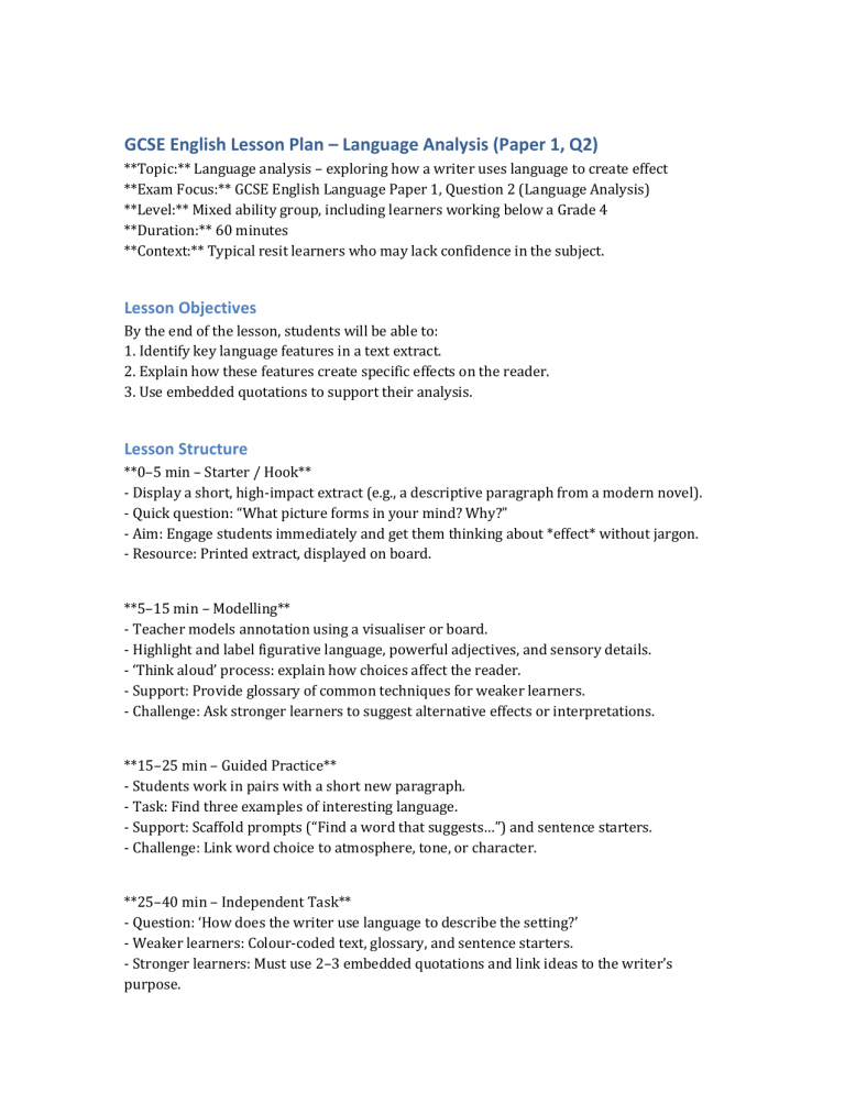 GCSE English Language Analysis Lesson Plan (Paper 1, Q2)