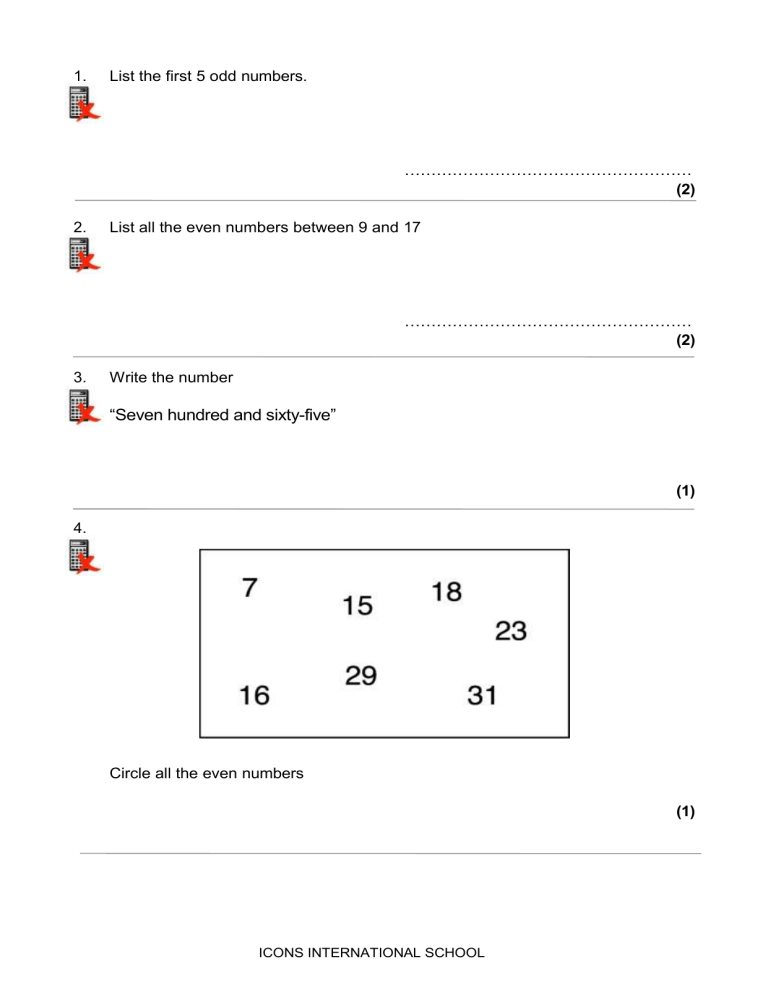 Elementary Math Worksheet: Odd/Even Numbers, Numerals & Money Problems