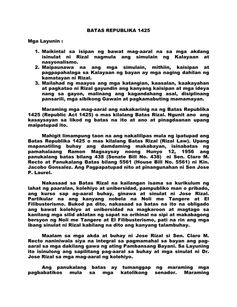 Republic Act 1425: Rizal Law & Its Objectives