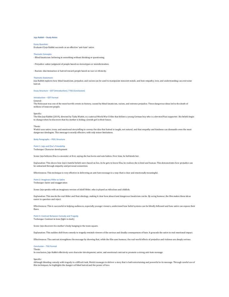 Jojo Rabbit Study Notes: Anti-Hate Satire Film Analysis Guide