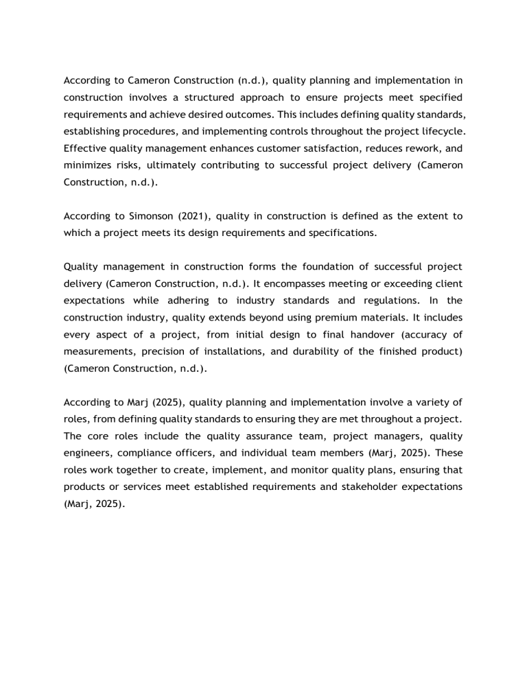 Quality Planning & Implementation in Construction