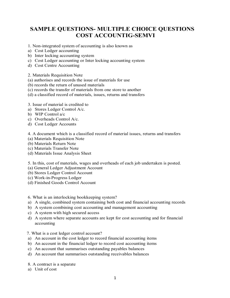 Cost Accounting Sample Questions - SEMVI