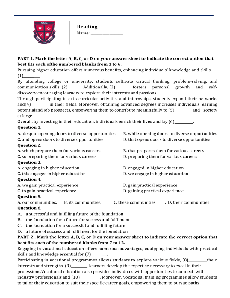 Reading Comprehension Exam: Education & Society