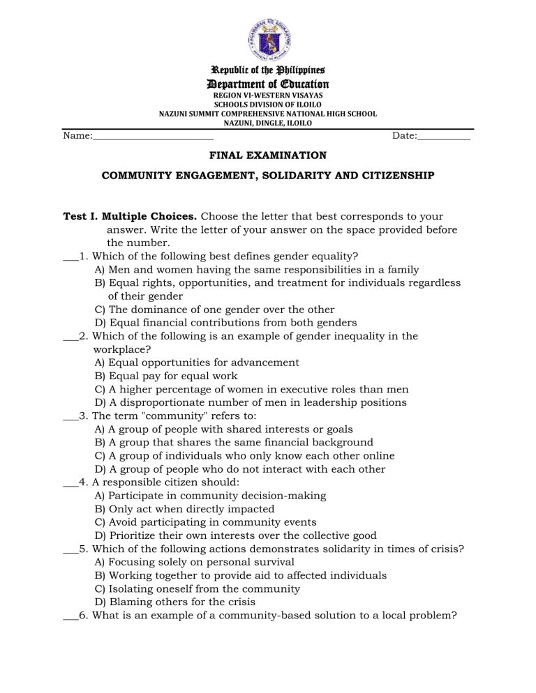 Community & Science Final Exam - High School