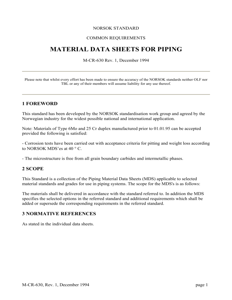 NORSOK Standard M-CR-630: Piping Material Data Sheets (1994)