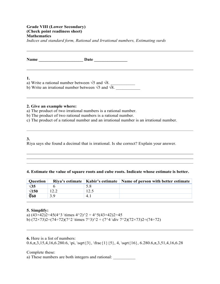 Grade 8 Math Worksheet: Indices, Rational Numbers, Surds Estimation