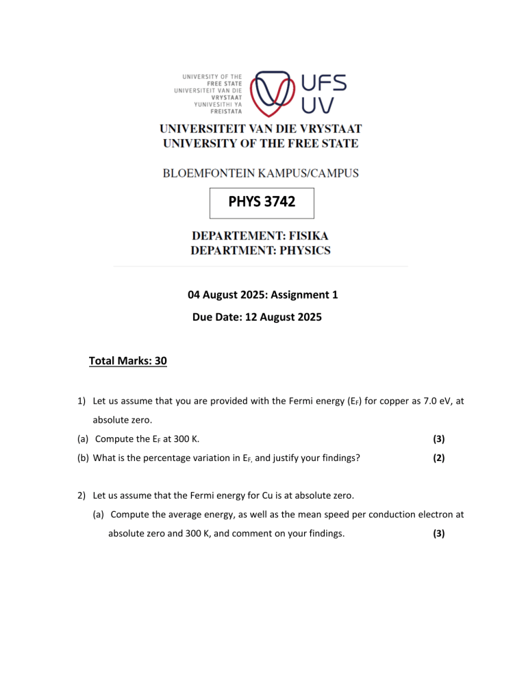 Solid State Physics Assignment: Fermi Energy & Electron Properties