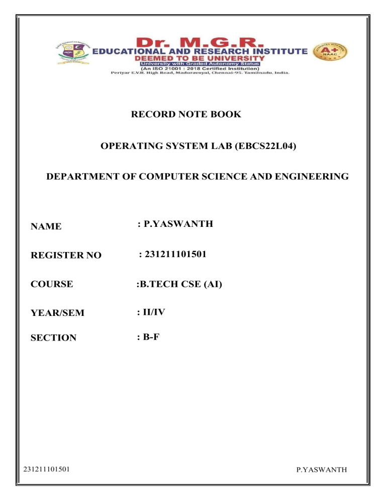 Operating System Lab Record Book - UNIX Commands & System Calls
