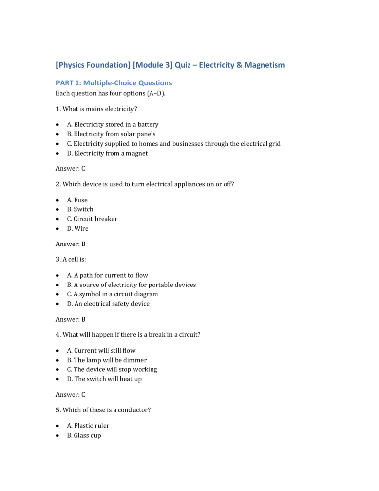 Physics Quiz: Electricity & Magnetism - Middle School Foundation