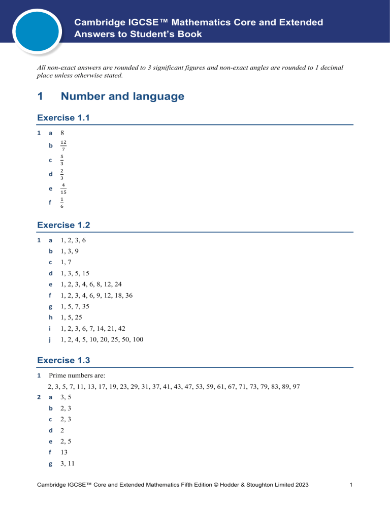 Cambridge IGCSE Mathematics Answers: Core & Extended Student Book