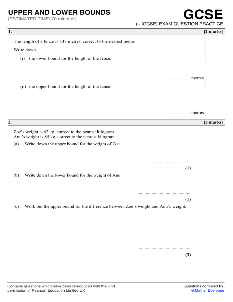 GCSE/IGCSE Upper & Lower Bounds Exam Questions