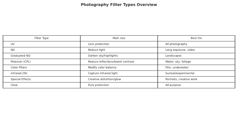Photography Filter Types Chart