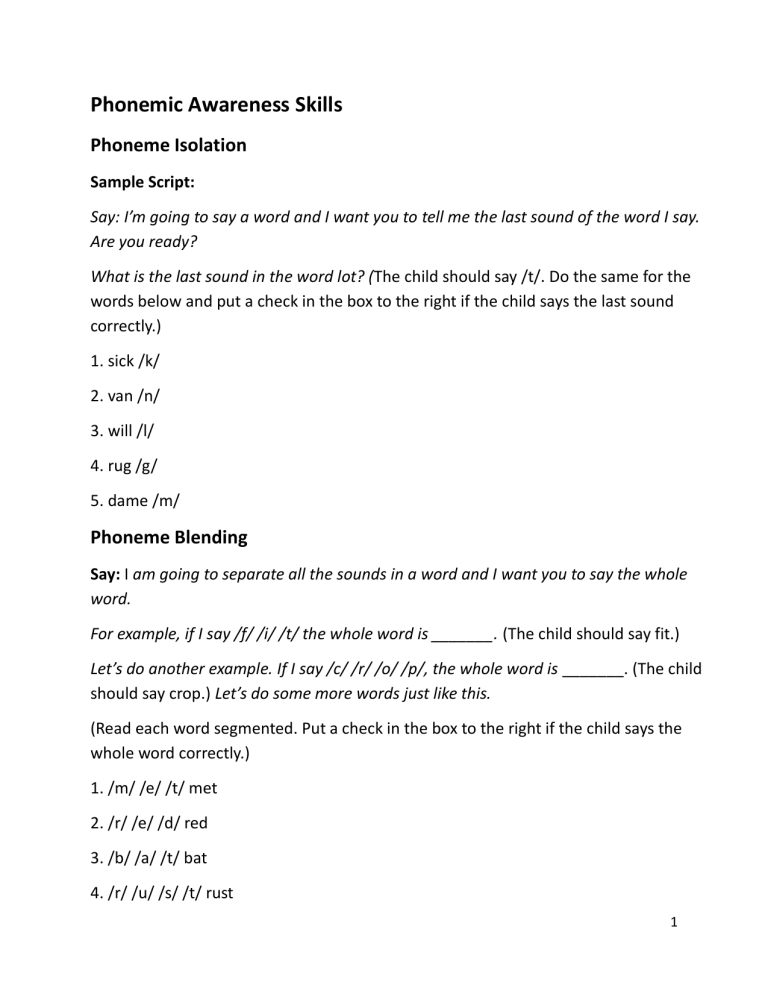 Phonemic Awareness Skills: Assessment & Teaching Script