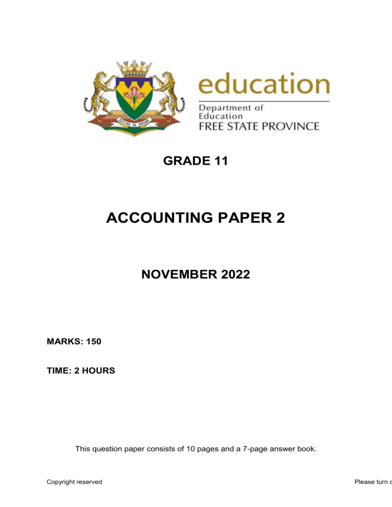 Grade 11 Accounting Paper 2 - November 2022