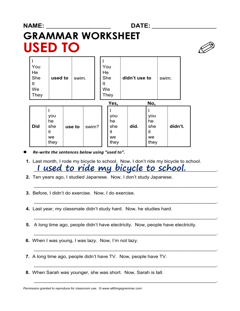 Used To Grammar Worksheet: English Practice Exercises