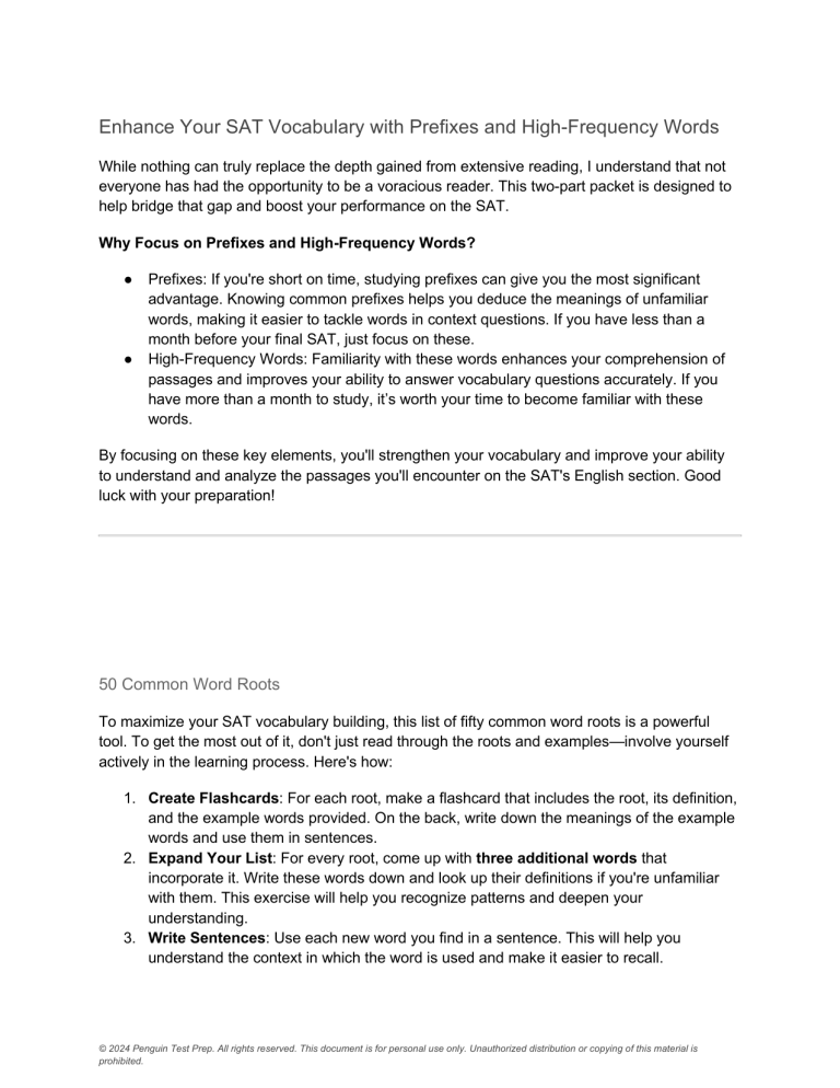 Enhance SAT Vocabulary: Prefixes & High-Frequency Words Study Guide