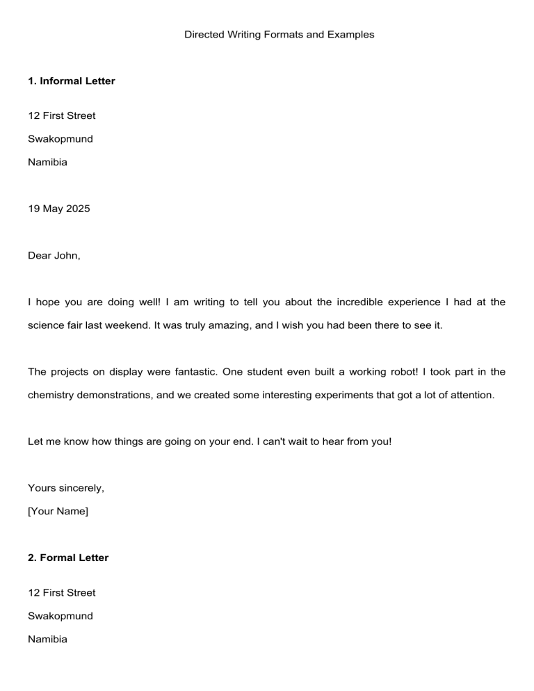 Directed Writing Formats & Examples: Informal, Formal Letters, Reports