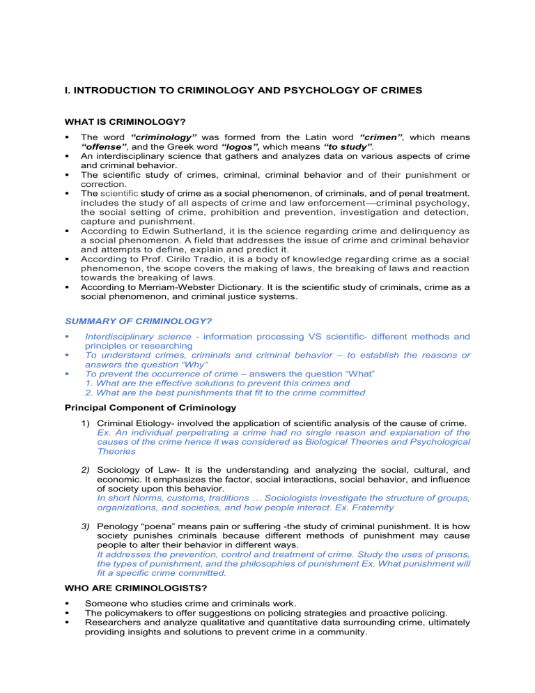 Criminology & Psychology of Crimes: Introduction & Theories
