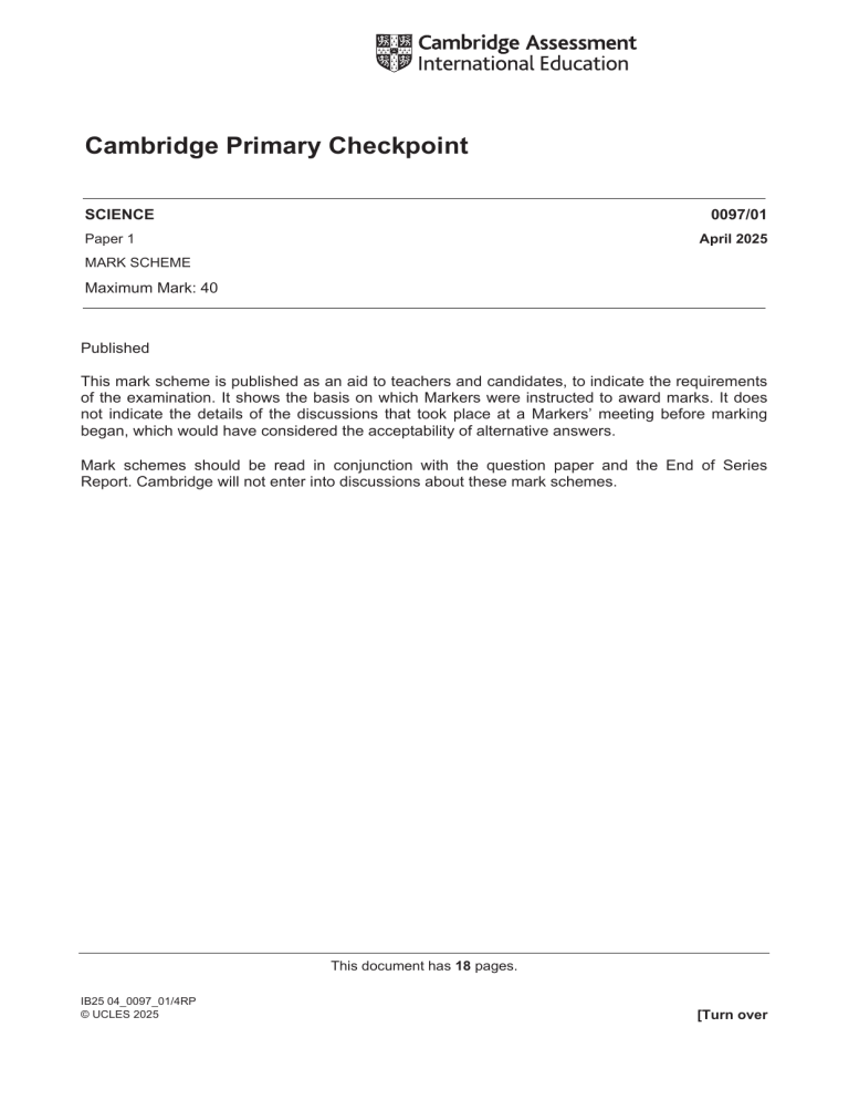 Cambridge Primary Checkpoint Science 0097/01 Paper 1 Mark Scheme 2025
