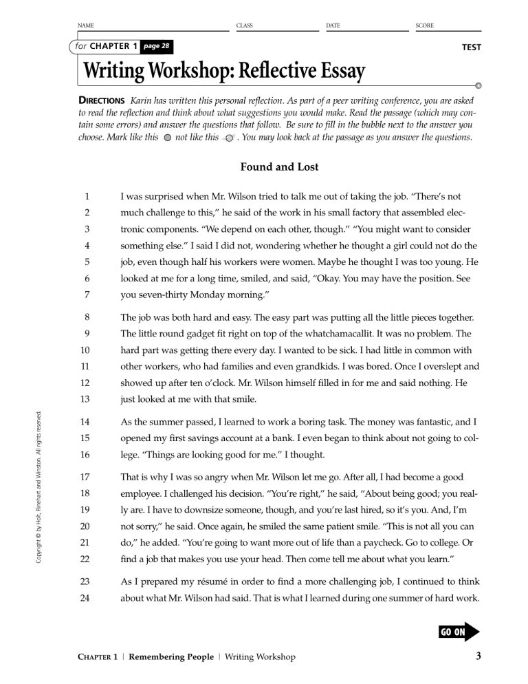 Reflective Essay Writing Workshop Test: Peer Review & Analysis