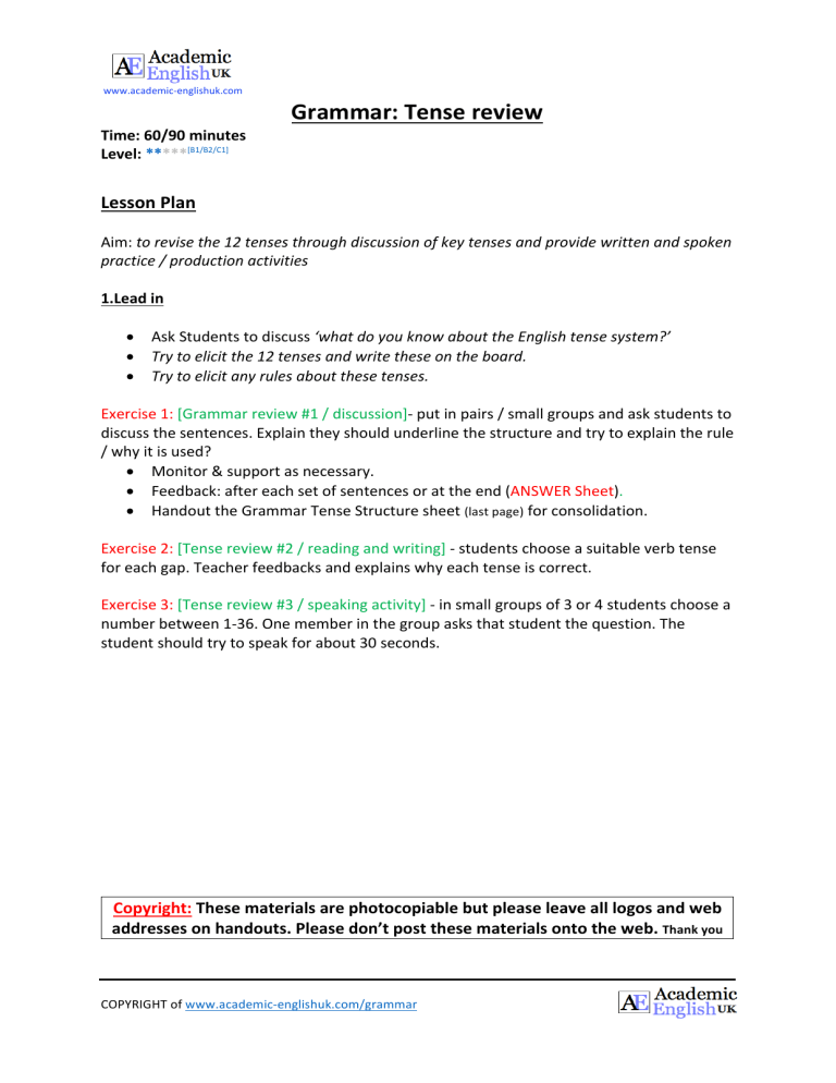 English Grammar Tense Review Lesson Plan & Exercises (B1-C1)