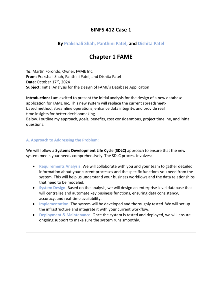 FAME Inc. Database Application Design: SDLC Case Study Analysis