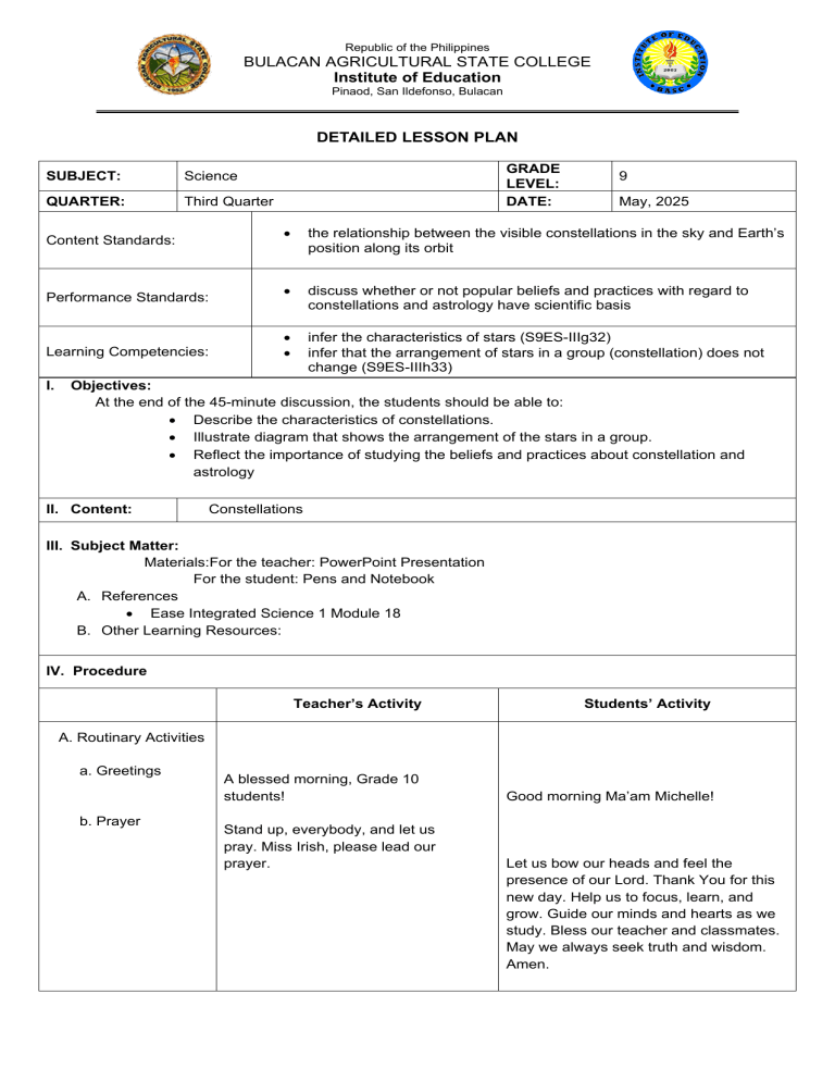 Grade 9 Science Lesson Plan: Constellations & Star Characteristics